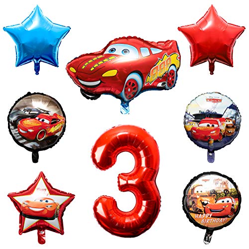 PANTIDE 8 Packs Race Car Balloons for 3rd Birthday Kit - Racing Double-Sided Foil Balloons, Giant Red Number 3 Balloons, Let’s Go Racing Birthday Party Decorations Supplies for Kids Boys Race Fans