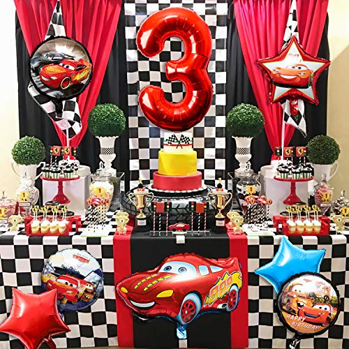 PANTIDE 8 Packs Race Car Balloons for 3rd Birthday Kit - Racing Double-Sided Foil Balloons, Giant Red Number 3 Balloons, Let’s Go Racing Birthday Party Decorations Supplies for Kids Boys Race Fans