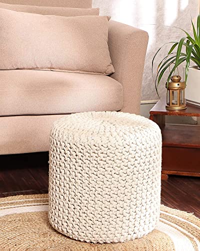 REDEARTH Cylindrical Hand Knitted Pouf - Foot Stool Ottoman - Cord Boho Pouffe - Cotton Round Poof for Home Decor - Living Room - Nursery - Bedroom - Patio (16" x 16" x 16") - Ivory