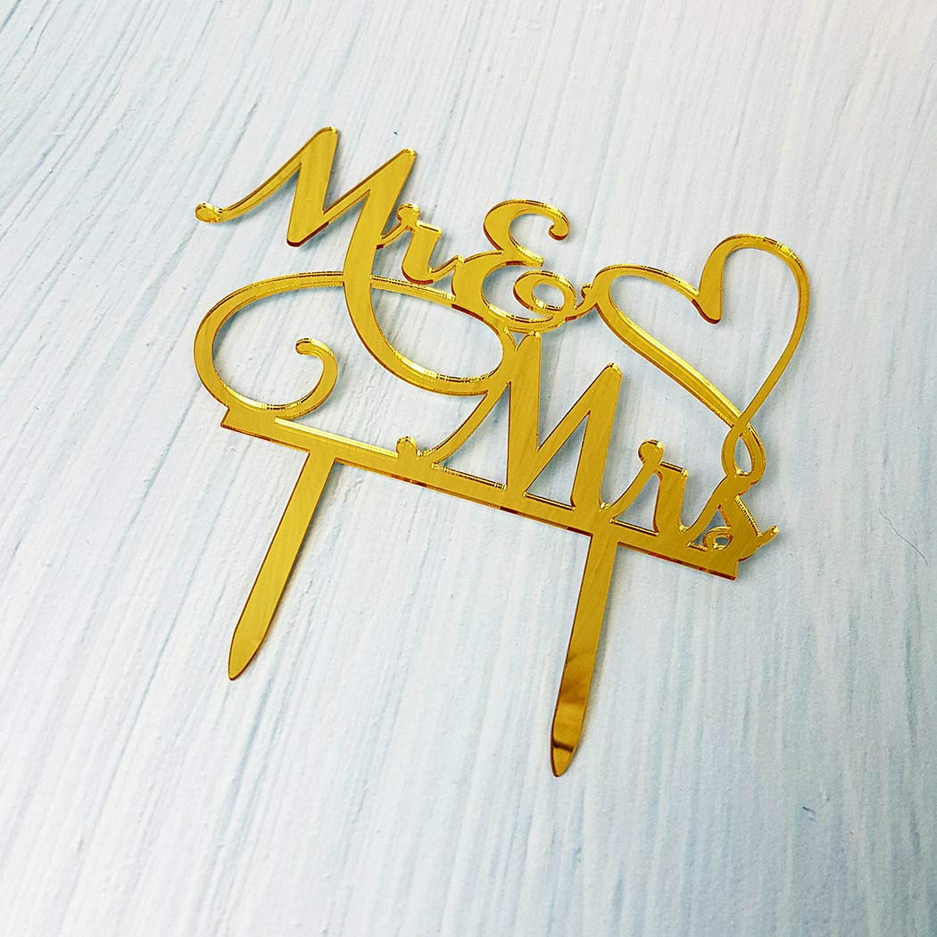 AMINJIE Mr and Mrs Cake Topper, Bride and Groom Sign Wedding/Engagement Cake Toppers Decoration, Mirror Gold Acrylic