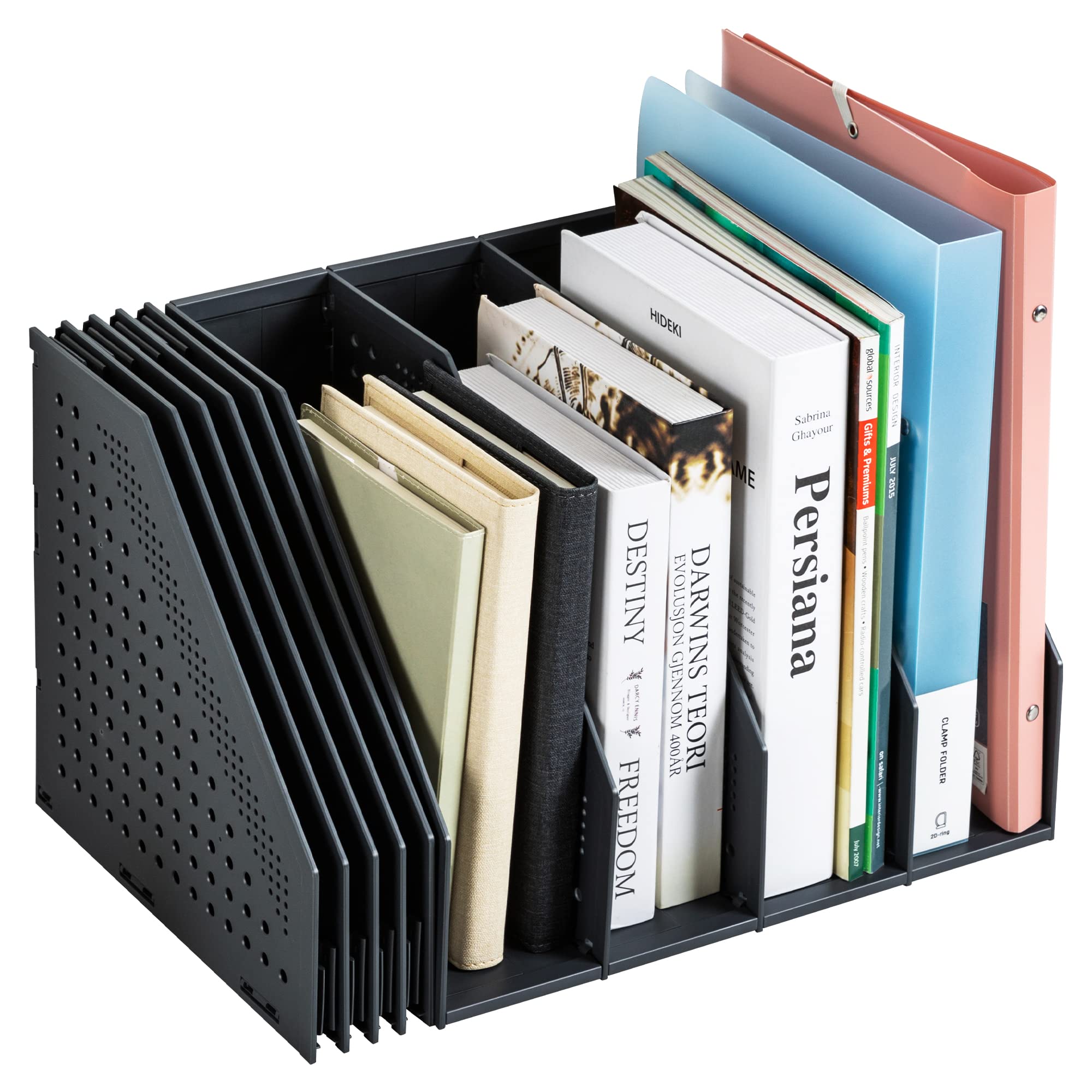 Deli Collapsible Magazine File Holder, Desk Organizer Document Folder for Office Organization and Storage, 4 Vertical Compartments, Dark Grey