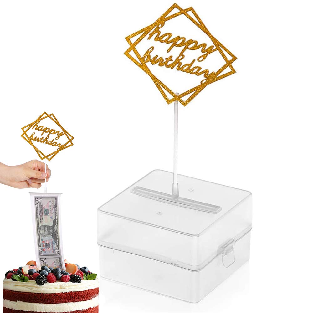 The Money Cake, Cake Money Box-Cake Money Pull Out Kit Includes 1Pc Clear Food-Contact Safe Box, 1Pc Gold Cake Topper, 20Pcs Pockets for Birthday Party Cake Decorations