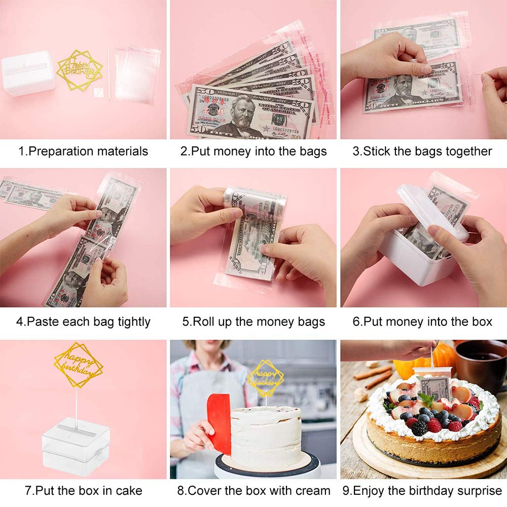 The Money Cake, Cake Money Box-Cake Money Pull Out Kit Includes 1Pc Clear Food-Contact Safe Box, 1Pc Gold Cake Topper, 20Pcs Pockets for Birthday Party Cake Decorations