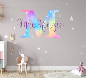 girls nursery shimmer rainbow printed initial and stars custom personalized name and initial vinyl wall decal, decor for babies wall sticker (x large)