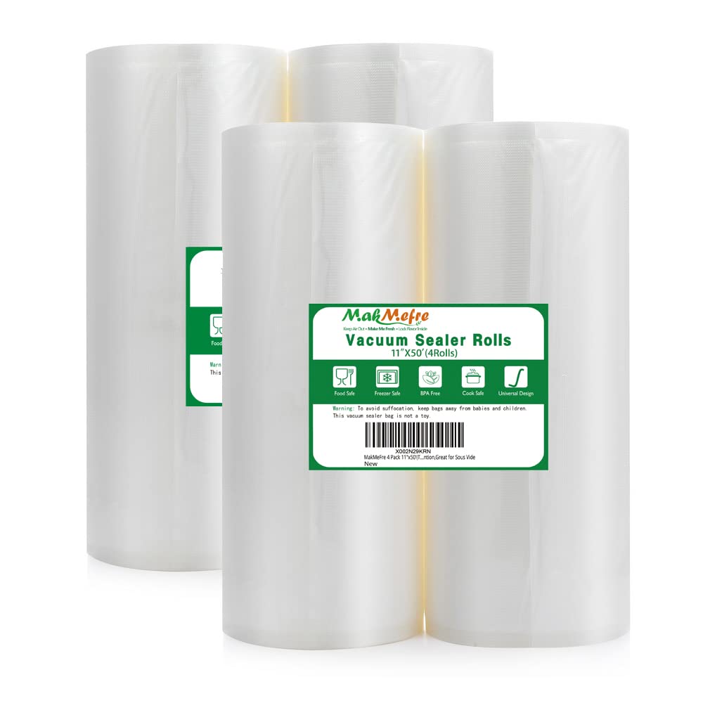 MakMeFre 4 Pack 11"x50'(Total200Feet) Vacuum Sealer Bags Rolls for Food,Commercial Grade, BPA Free,Puncture Prevention,Great for Sous Vide Cooking