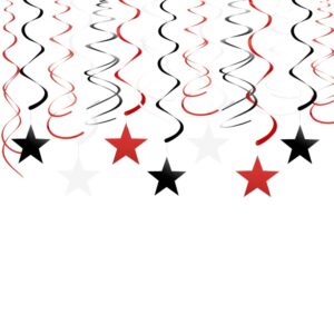 red black white star hanging swirl decorations stars streamers foil swirls for ceiling decorations party supplies, pack of 30