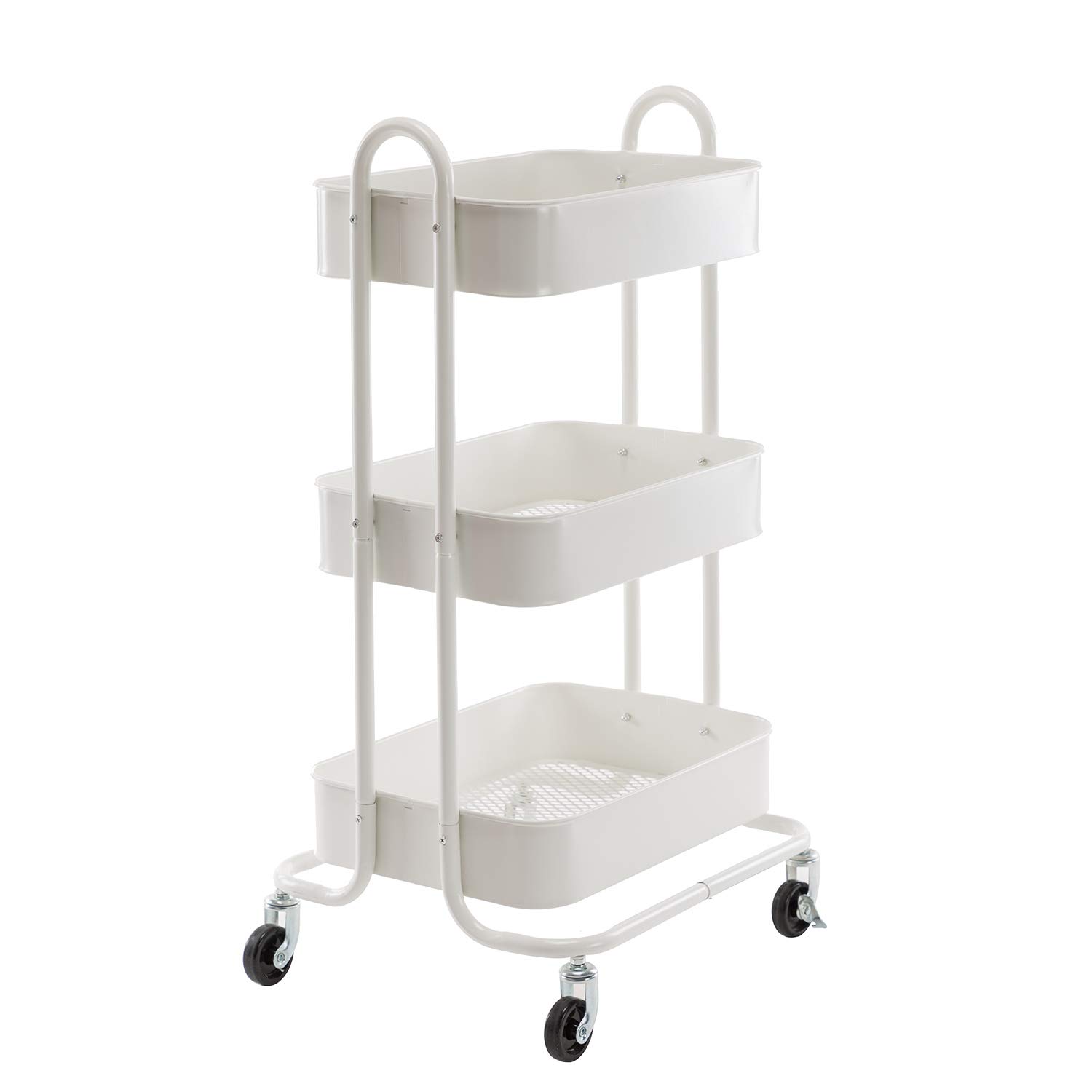 walsport 3-Tier Utility Carts for Kitchen Bathroom Bedroom Office, Rolling Cart Metal Mesh Storage Organizer Mobile Utility Cart with Caster Wheels with Handle,White