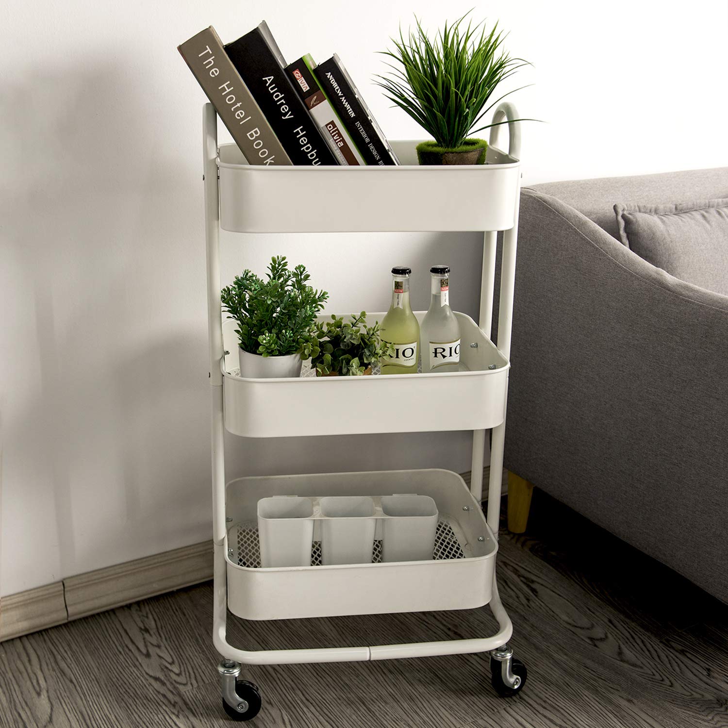 walsport 3-Tier Utility Carts for Kitchen Bathroom Bedroom Office, Rolling Cart Metal Mesh Storage Organizer Mobile Utility Cart with Caster Wheels with Handle,White