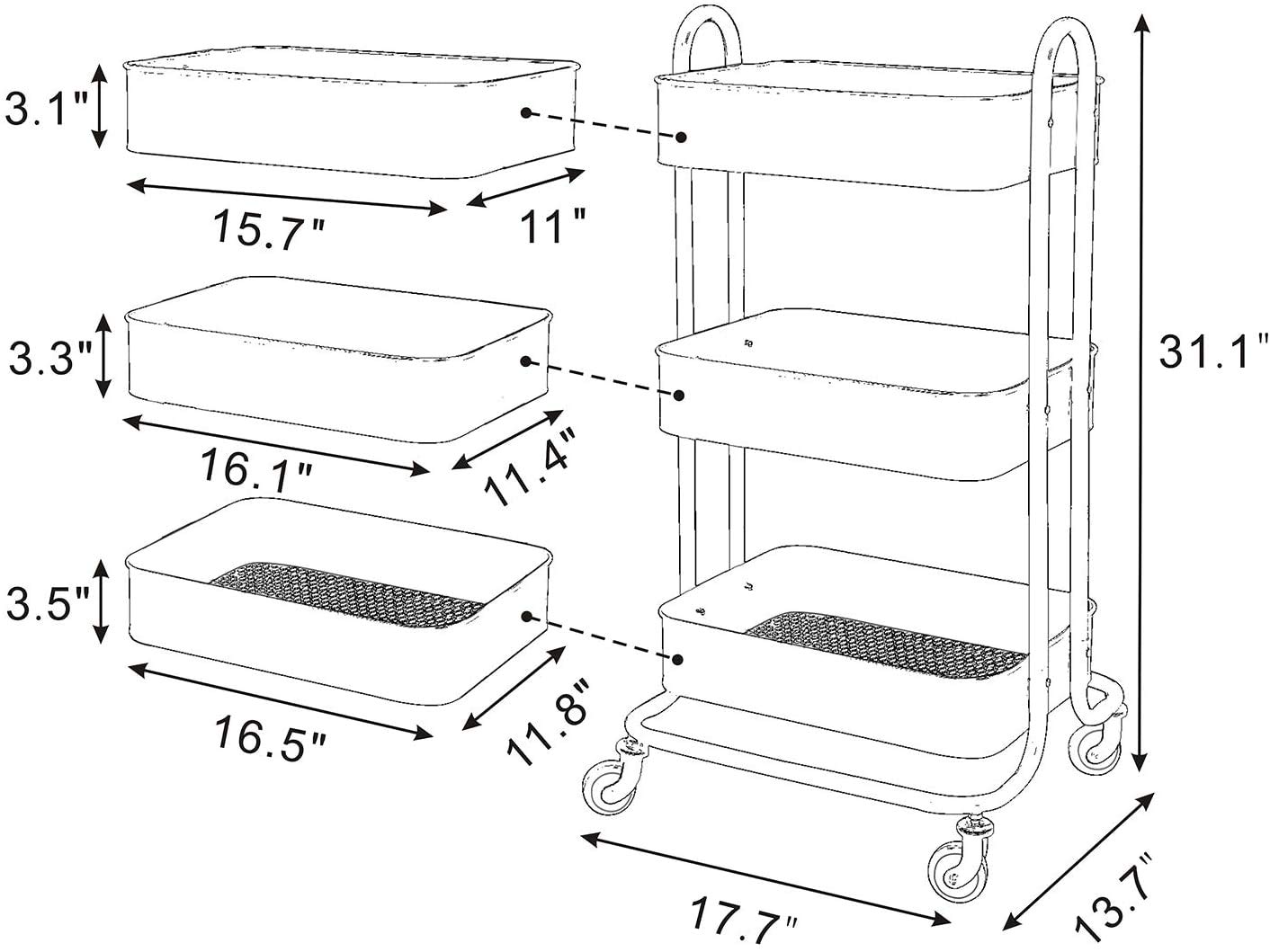 walsport 3-Tier Utility Carts for Kitchen Bathroom Bedroom Office, Rolling Cart Metal Mesh Storage Organizer Mobile Utility Cart with Caster Wheels with Handle,White