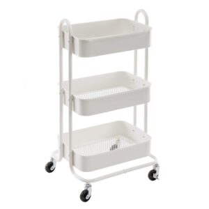 walsport 3-Tier Utility Carts for Kitchen Bathroom Bedroom Office, Rolling Cart Metal Mesh Storage Organizer Mobile Utility Cart with Caster Wheels with Handle,White