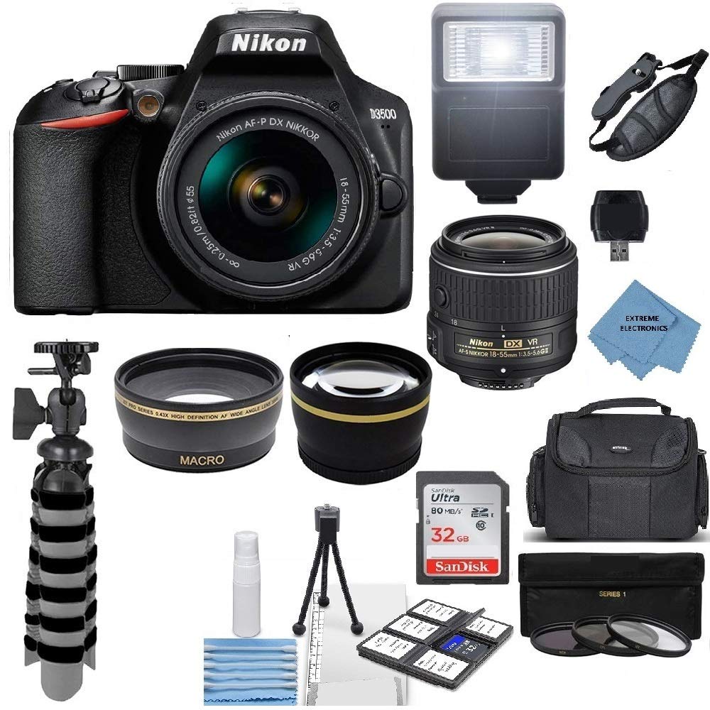 Nikon Intl D3500 24.2MP DSLR Camera + AF-P DX 18-55mm VR NIKKOR Lens Kit + Accessory Bundle + Extreme Electronics Cloth