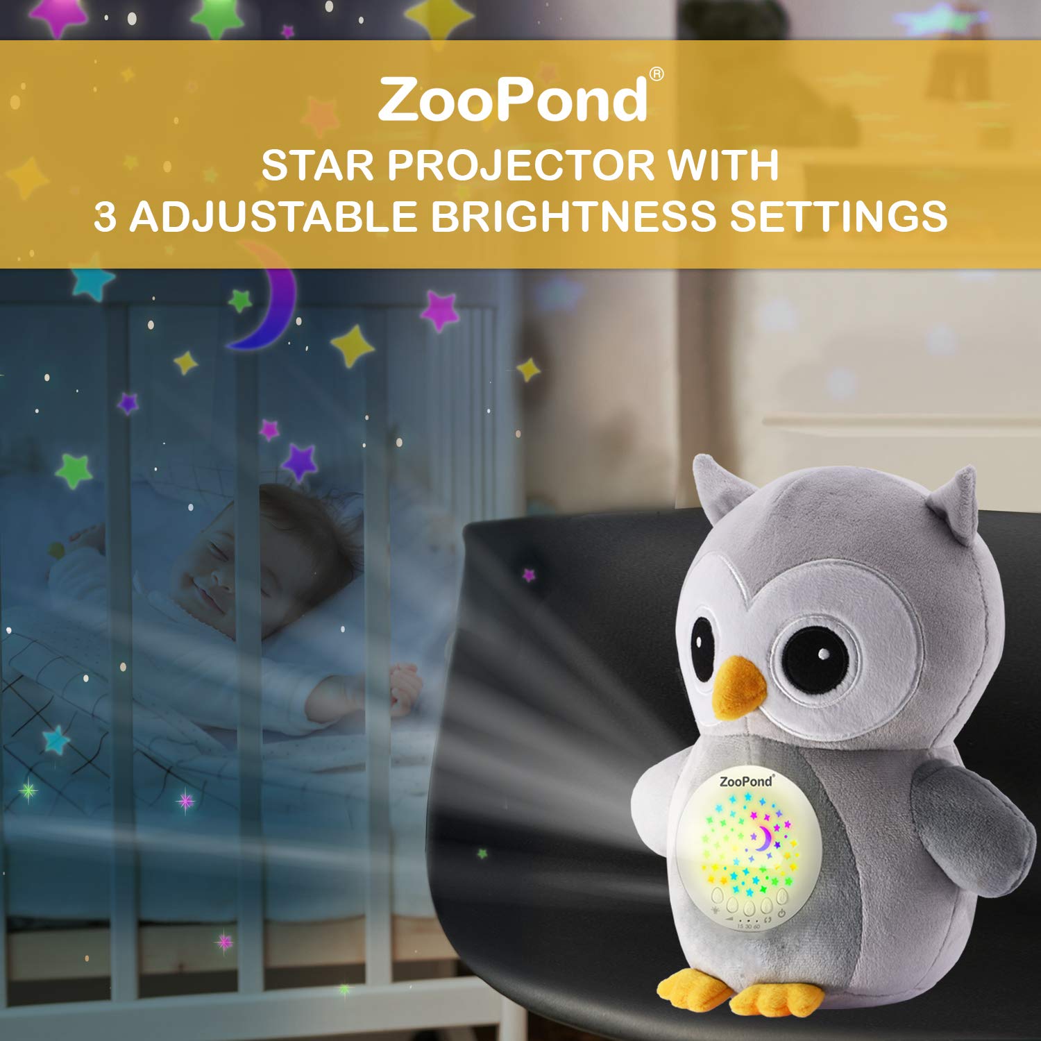 ZooPond - Baby Soother White Noise Machine, Shush, Crib Toy with Music and Lights, Star Projector, Infant Sleep Aid, Owl Sound Machine (Grey)