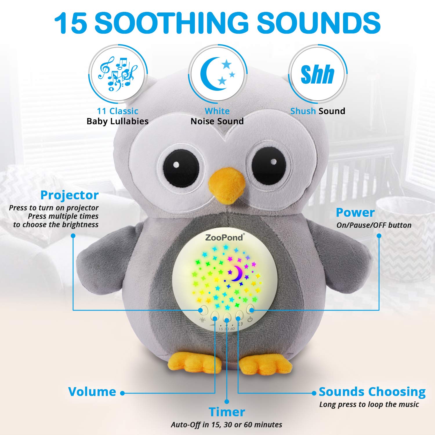 ZooPond - Baby Soother White Noise Machine, Shush, Crib Toy with Music and Lights, Star Projector, Infant Sleep Aid, Owl Sound Machine (Grey)