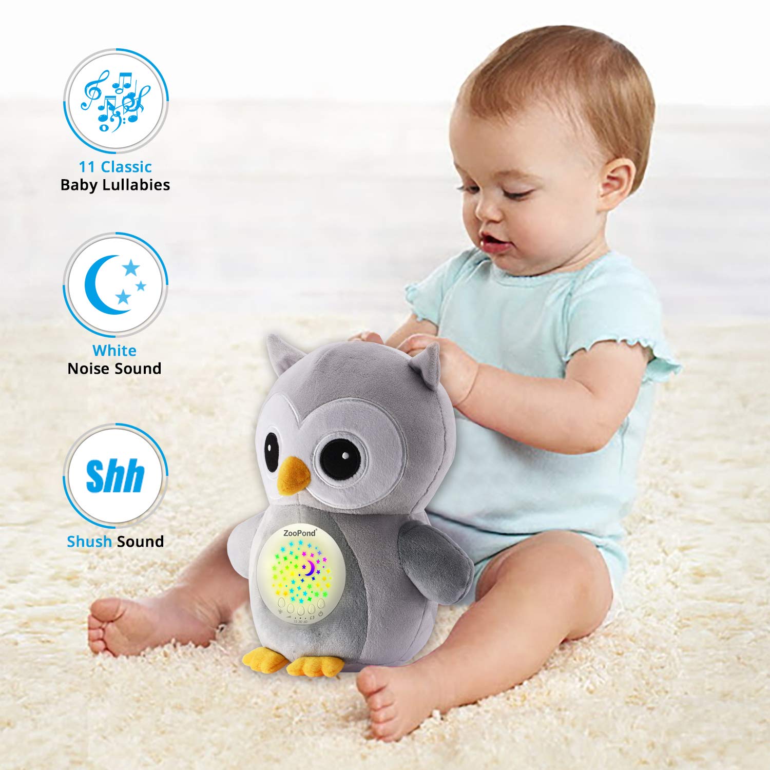 ZooPond - Baby Soother White Noise Machine, Shush, Crib Toy with Music and Lights, Star Projector, Infant Sleep Aid, Owl Sound Machine (Grey)