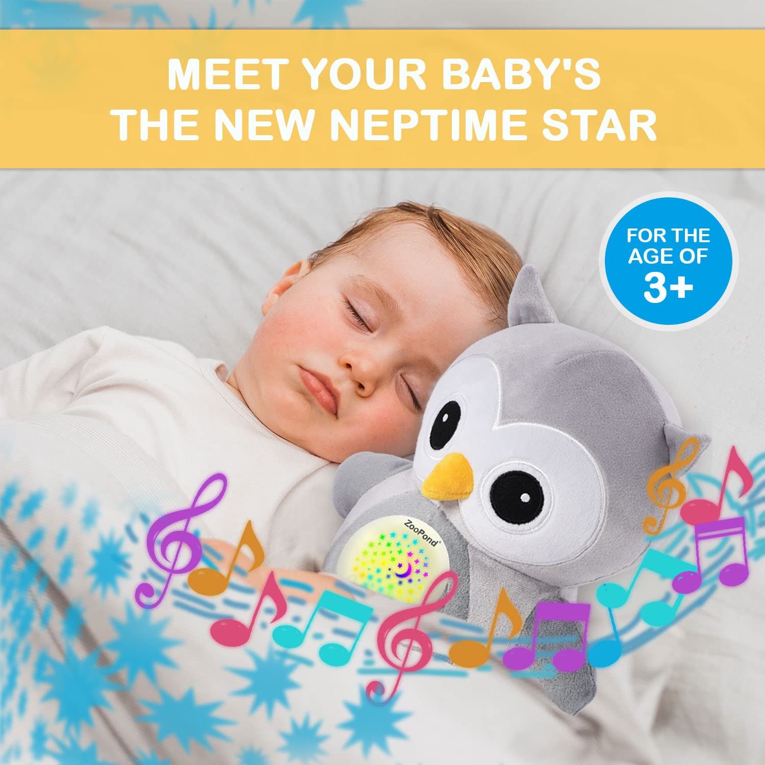 ZooPond - Baby Soother White Noise Machine, Shush, Crib Toy with Music and Lights, Star Projector, Infant Sleep Aid, Owl Sound Machine (Grey)