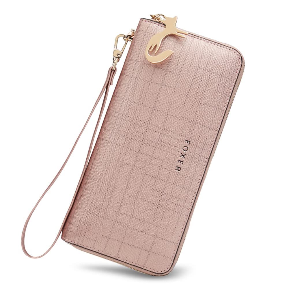 iFOXER Women Leather Long Wallet Fashion Elegant Card Holder Purse Zipper Gift Box Packaging (Rose gold)