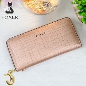 iFOXER Women Leather Long Wallet Fashion Elegant Card Holder Purse Zipper Gift Box Packaging (Rose gold)