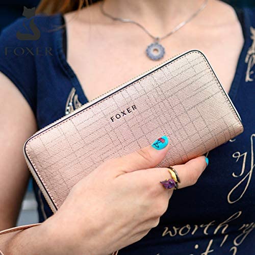 iFOXER Women Leather Long Wallet Fashion Elegant Card Holder Purse Zipper Gift Box Packaging (Rose gold)