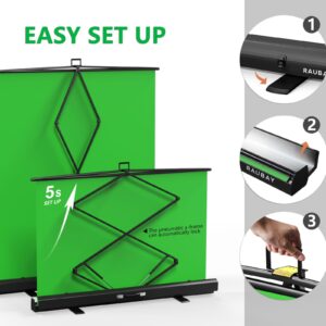 【Easy Set Up】 RAUBAY 59.8 x 78.7in Collapsible Green Screen Backdrop Portable Retractable Chroma Key Panel Photo Background with Stand for Video Conference, Photographic Studio, Streaming