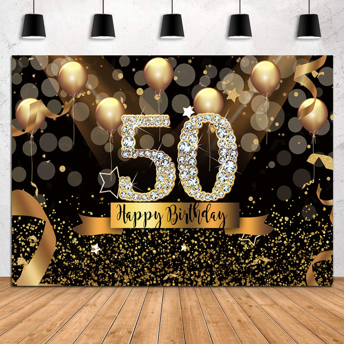 Sensfun 8x6ft Happy 50th Birthday Party Photography Backdrop Glitter Black and Gold Balloons Background for Woman Fabulous 50 Bday Party Decorations Shining Diamond Fifty Years Old Photo Booth Banner