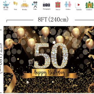 Sensfun 8x6ft Happy 50th Birthday Party Photography Backdrop Glitter Black and Gold Balloons Background for Woman Fabulous 50 Bday Party Decorations Shining Diamond Fifty Years Old Photo Booth Banner