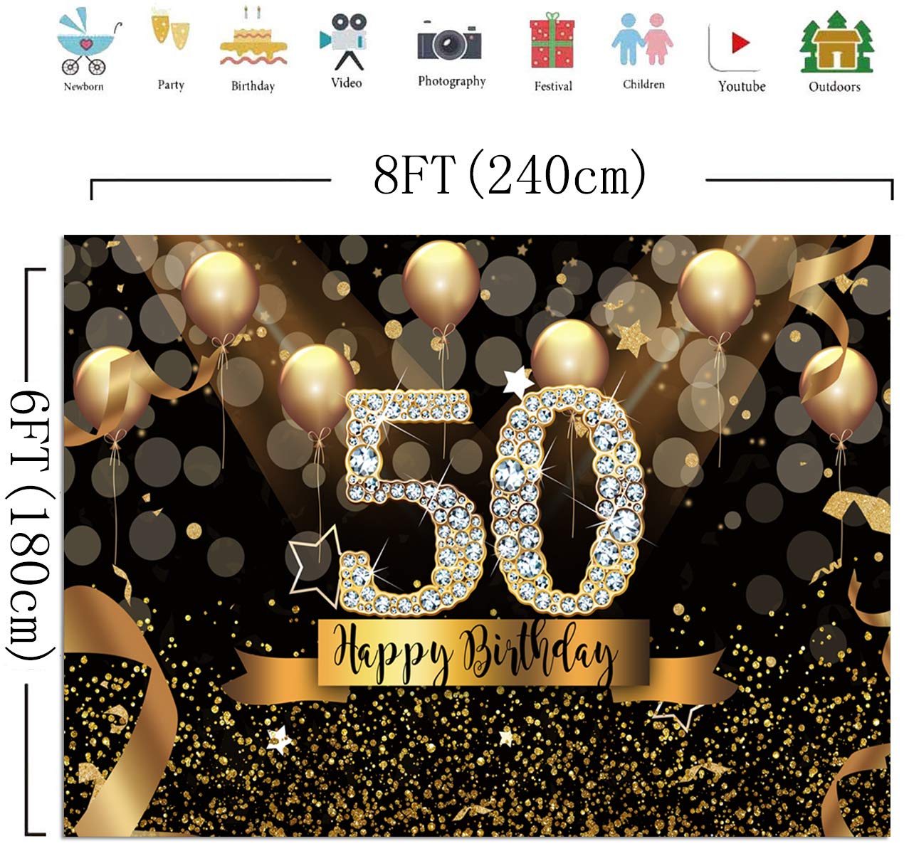 Sensfun 8x6ft Happy 50th Birthday Party Photography Backdrop Glitter Black and Gold Balloons Background for Woman Fabulous 50 Bday Party Decorations Shining Diamond Fifty Years Old Photo Booth Banner