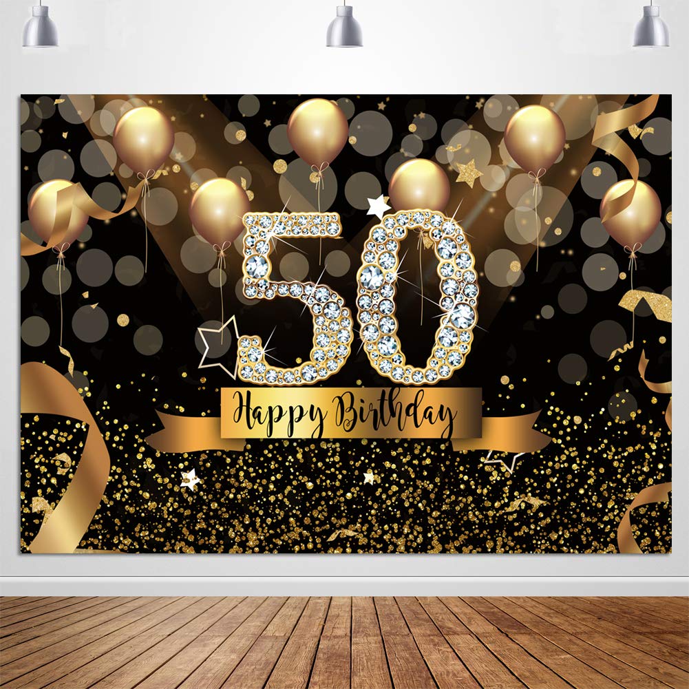 Sensfun 8x6ft Happy 50th Birthday Party Photography Backdrop Glitter Black and Gold Balloons Background for Woman Fabulous 50 Bday Party Decorations Shining Diamond Fifty Years Old Photo Booth Banner