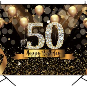 Sensfun 8x6ft Happy 50th Birthday Party Photography Backdrop Glitter Black and Gold Balloons Background for Woman Fabulous 50 Bday Party Decorations Shining Diamond Fifty Years Old Photo Booth Banner