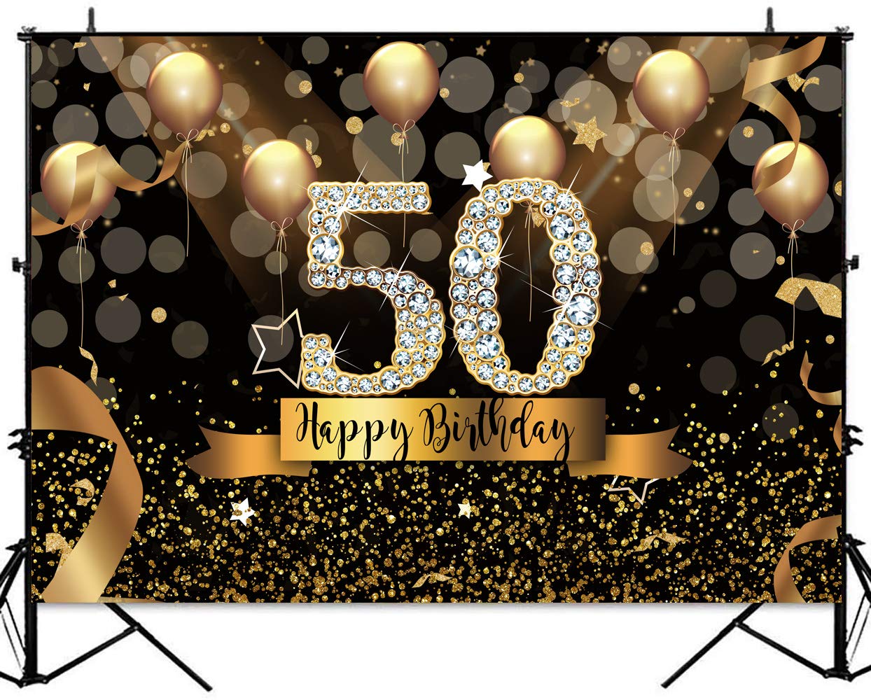 Sensfun 8x6ft Happy 50th Birthday Party Photography Backdrop Glitter Black and Gold Balloons Background for Woman Fabulous 50 Bday Party Decorations Shining Diamond Fifty Years Old Photo Booth Banner