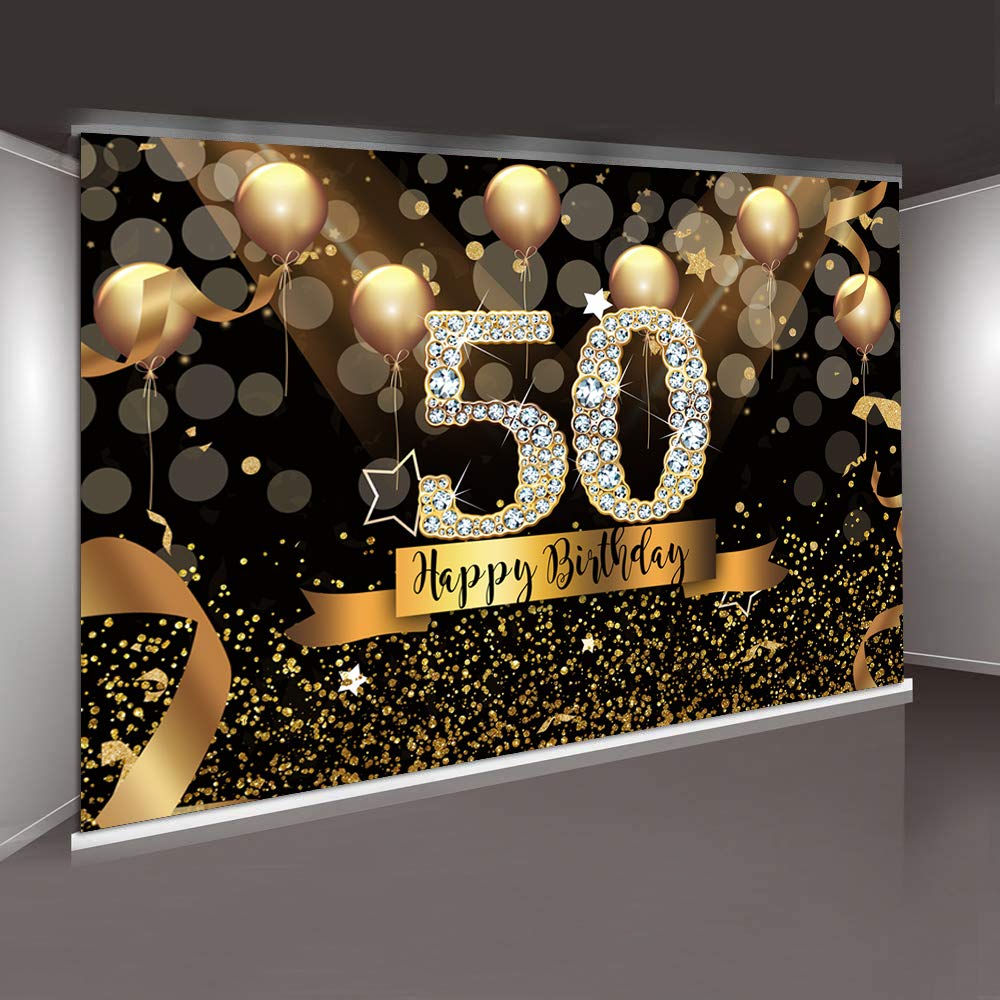 Sensfun 8x6ft Happy 50th Birthday Party Photography Backdrop Glitter Black and Gold Balloons Background for Woman Fabulous 50 Bday Party Decorations Shining Diamond Fifty Years Old Photo Booth Banner