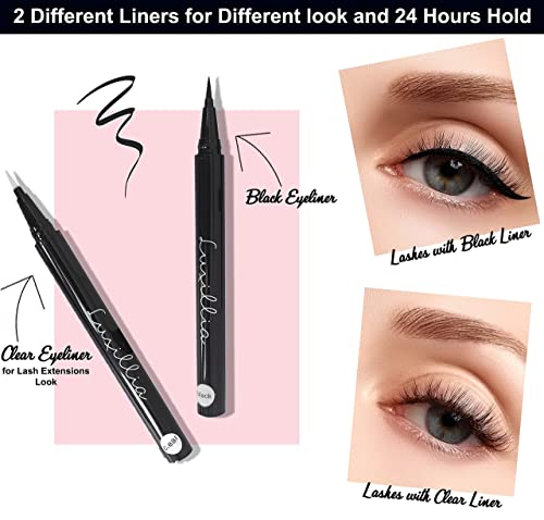 Luxillia (Clear + Black) Magnetic Eyeliner with Eyelashes Kit - Free Applicator Tool, 8D Most Natural Look Eyelash No Magnets Needed - Best Reusable False Eye Lash, Waterproof Liner Pen and Lashes