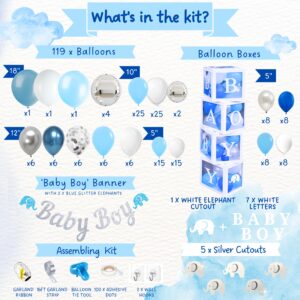 176 pc Premium Baby Shower Decorations for Boy, Birthday Boy, 2 in 1 Set - Balloon Garland Arch, Balloons Boxes and Banner, Elephant Baby Shower and Birthday Decorations