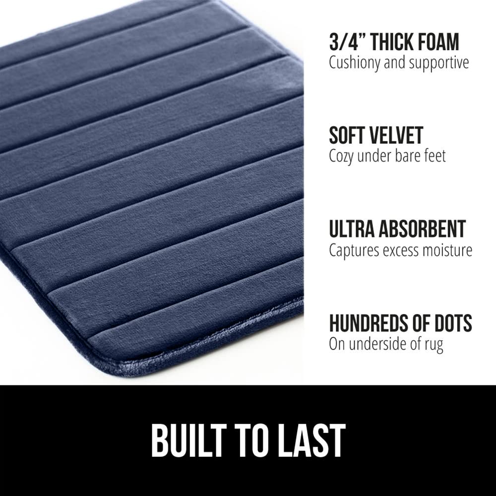 Gorilla Grip Striped Memory Foam Bathroom Rug, Soft Absorbent Velvet Bath Mat, Dots on Underside, Machine Washable Bathmat, Thick Shower Floor Carpet Rugs Room Décor Accessories, 24x17 Mat, Navy Blue