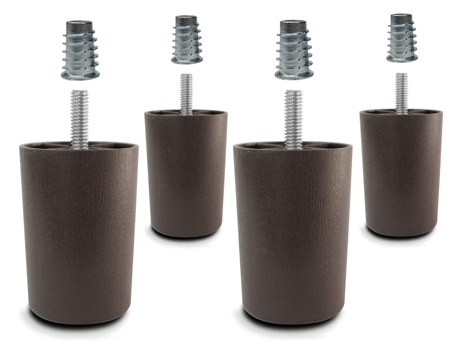 Elegent Upholstery 3" Inch Universal Brown Plastic Sofa Furniture Legs Includes Threaded Furniture Inserts, 5/16"-18 Bolt - Set of 4