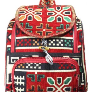 Aysesa Turkish Rug Backpack Multi Pocket Handmade Stylish Designer Daypack Ethnic Handwoven Carpet Bag for Travellers Boho Hippie Bag (Red, Rug)