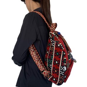 Aysesa Turkish Rug Backpack Multi Pocket Handmade Stylish Designer Daypack Ethnic Handwoven Carpet Bag for Travellers Boho Hippie Bag (Red, Rug)