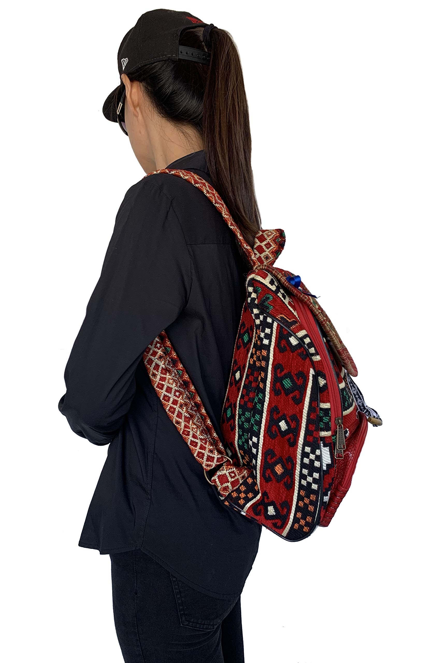 Aysesa Turkish Rug Backpack Multi Pocket Handmade Stylish Designer Daypack Ethnic Handwoven Carpet Bag for Travellers Boho Hippie Bag (Red, Rug)