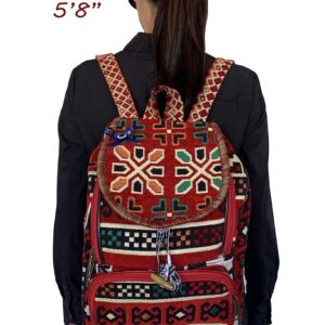 Aysesa Turkish Rug Backpack Multi Pocket Handmade Stylish Designer Daypack Ethnic Handwoven Carpet Bag for Travellers Boho Hippie Bag (Red, Rug)