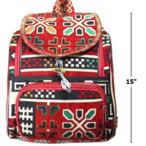 Aysesa Turkish Rug Backpack Multi Pocket Handmade Stylish Designer Daypack Ethnic Handwoven Carpet Bag for Travellers Boho Hippie Bag (Red, Rug)