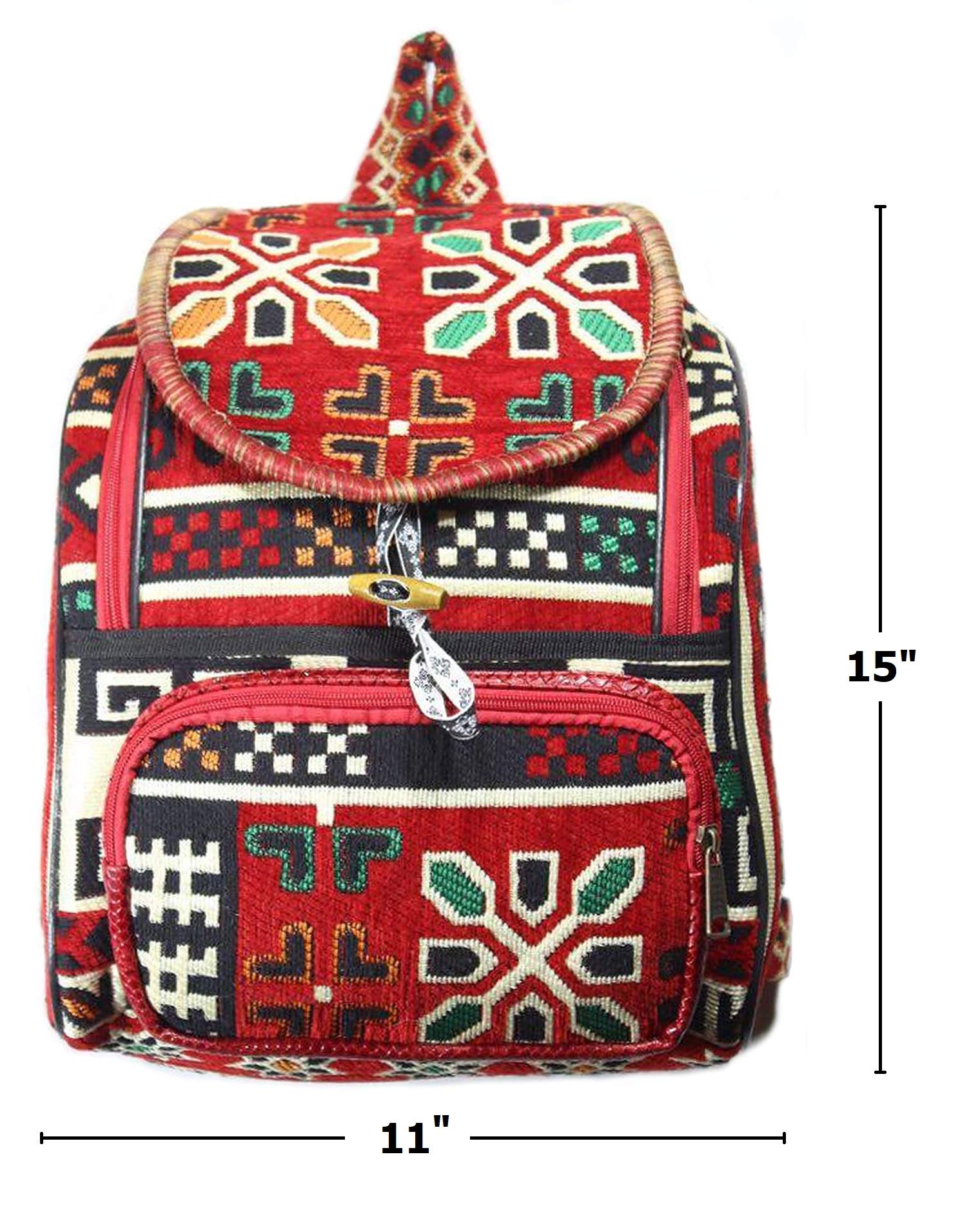 Aysesa Turkish Rug Backpack Multi Pocket Handmade Stylish Designer Daypack Ethnic Handwoven Carpet Bag for Travellers Boho Hippie Bag (Red, Rug)