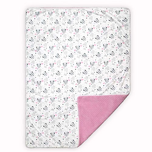 Cudlie Disney Baby Girl Minne Mouse Double Sided Baby Blanket with Printed Mink Waffle Fleece Backing & with Pom Edge(30X40)