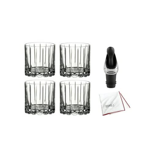 Riedel Drink Specific Glassware Rock Glass (9 oz, Clear) Set of 4 Bundle with Wine Pourer with Stopper and Polishing Cloth (4 Items)