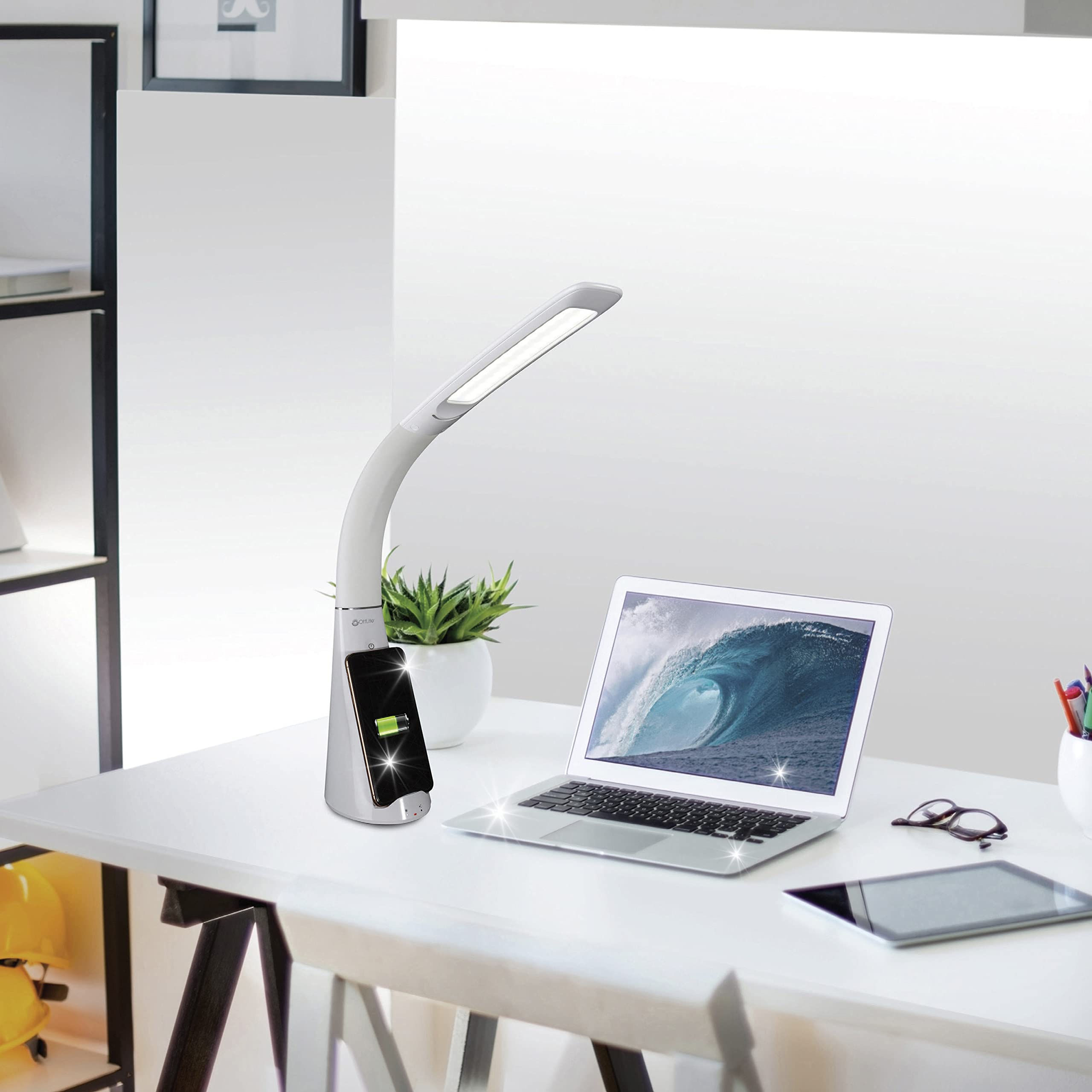 OttLite Purify LED Sanitizing Desk Lamp with Wireless Charging – Eliminates up to 99.9% of Bacteria, Touch Activated, Flexible Neck, Modern Light for Reading, Crafting & Office Desktop