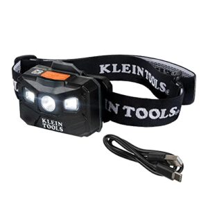 klein tools 56048 rechargeable auto-off led headlamp, adjustable fabric strap, 400 lms, all-day runtime, for work, running, outdoor hiking