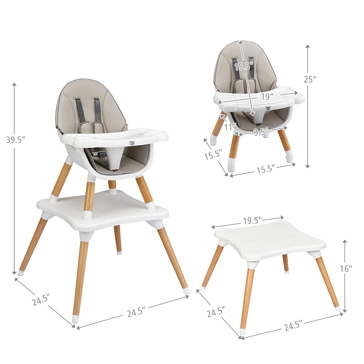 HONEY JOY Baby High Chair, 5-in-1 Convertible Wooden Highchair for Babies and Toddlers/Table and Chair Set/Booster Seat/Toddler Chair with Safety Harness, 4-Position Removable Feeding Tray (Gray)