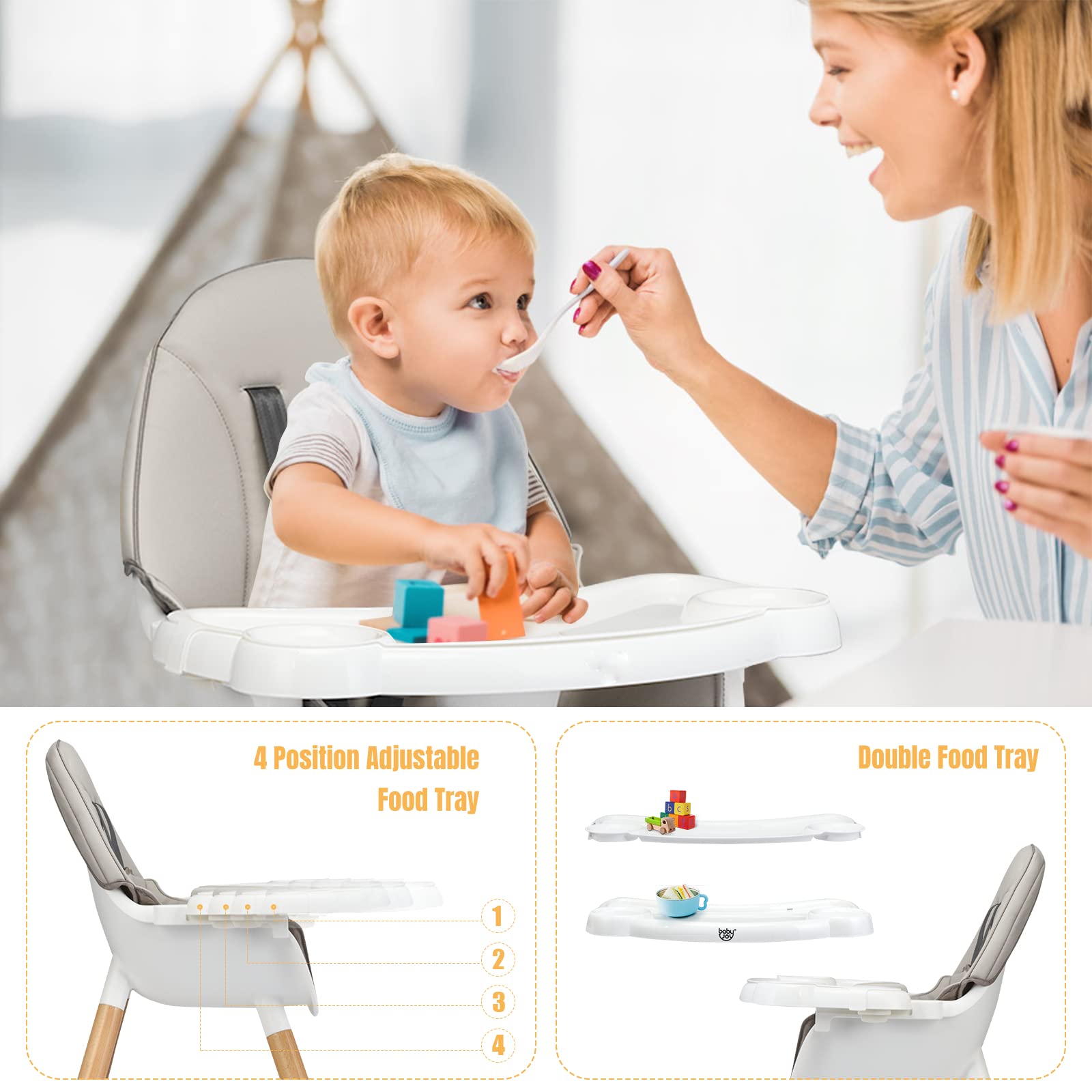 HONEY JOY Baby High Chair, 5-in-1 Convertible Wooden Highchair for Babies and Toddlers/Table and Chair Set/Booster Seat/Toddler Chair with Safety Harness, 4-Position Removable Feeding Tray (Gray)