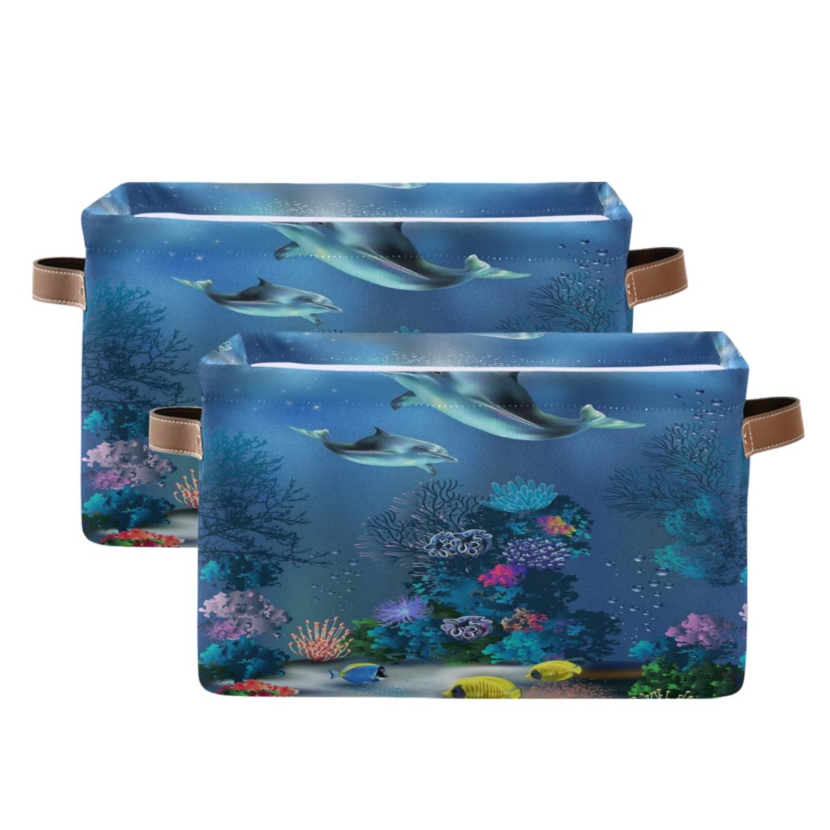 Storage Basket Ocean Sea Dolphin Fish Storage Bin with Handle Foldable Rectangle Fabric Organizer Basket for Home Bedroom Nursery Closet, 2 Pack