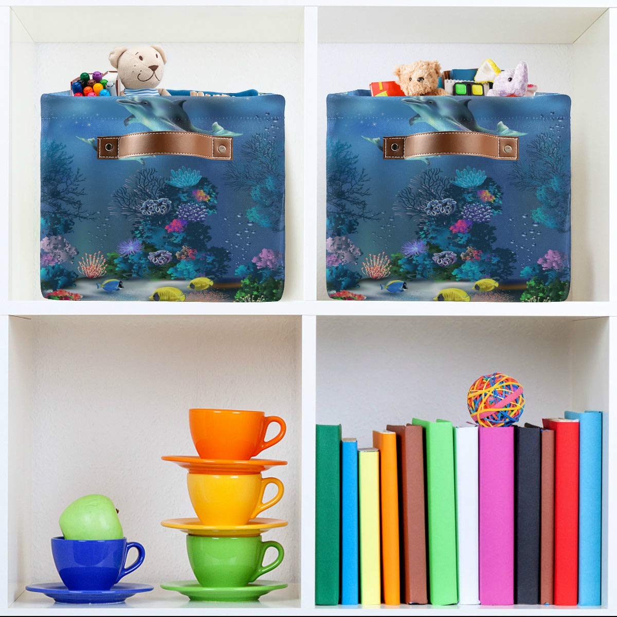 Storage Basket Ocean Sea Dolphin Fish Storage Bin with Handle Foldable Rectangle Fabric Organizer Basket for Home Bedroom Nursery Closet, 2 Pack