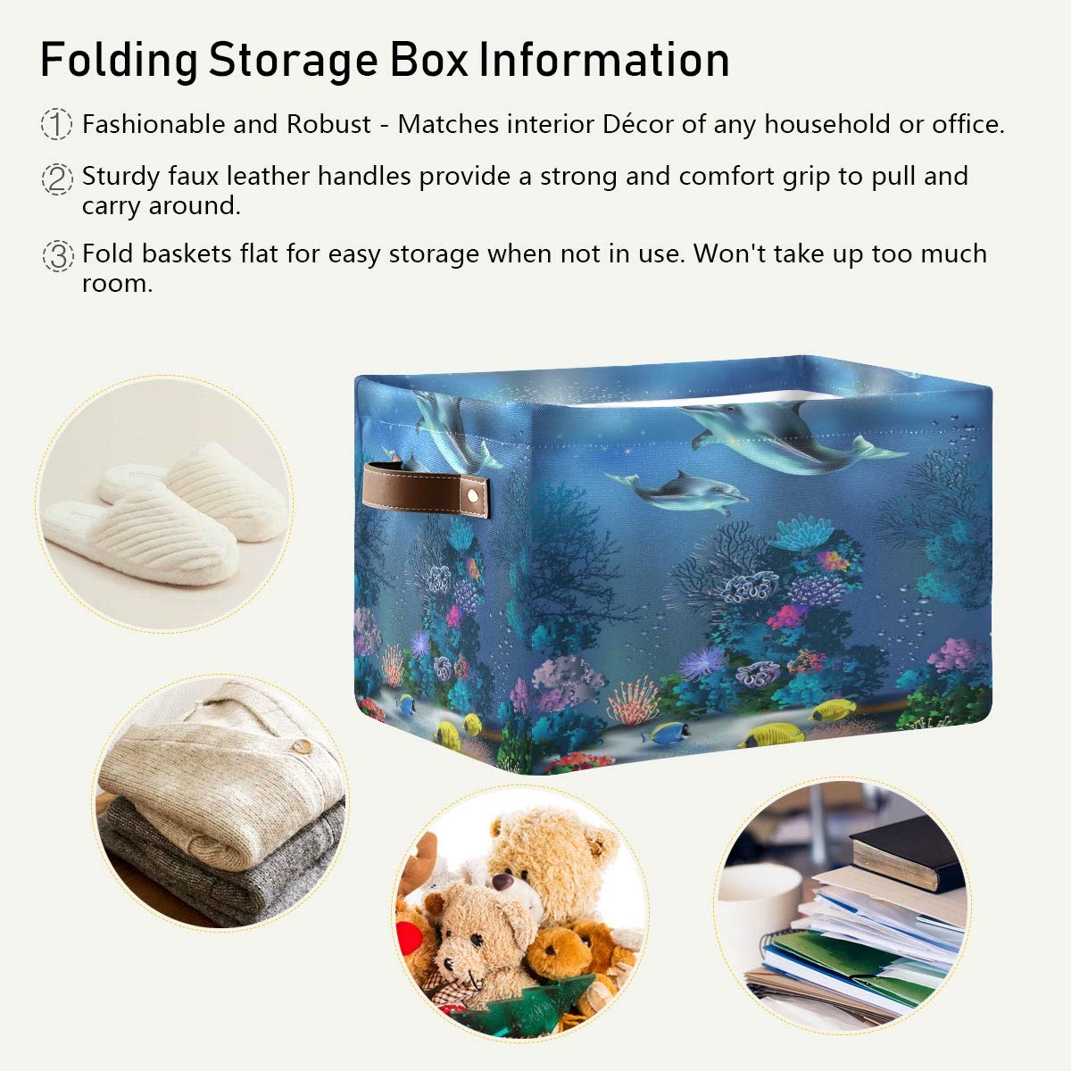 Storage Basket Ocean Sea Dolphin Fish Storage Bin with Handle Foldable Rectangle Fabric Organizer Basket for Home Bedroom Nursery Closet, 2 Pack