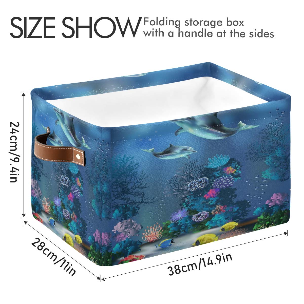 Storage Basket Ocean Sea Dolphin Fish Storage Bin with Handle Foldable Rectangle Fabric Organizer Basket for Home Bedroom Nursery Closet, 2 Pack